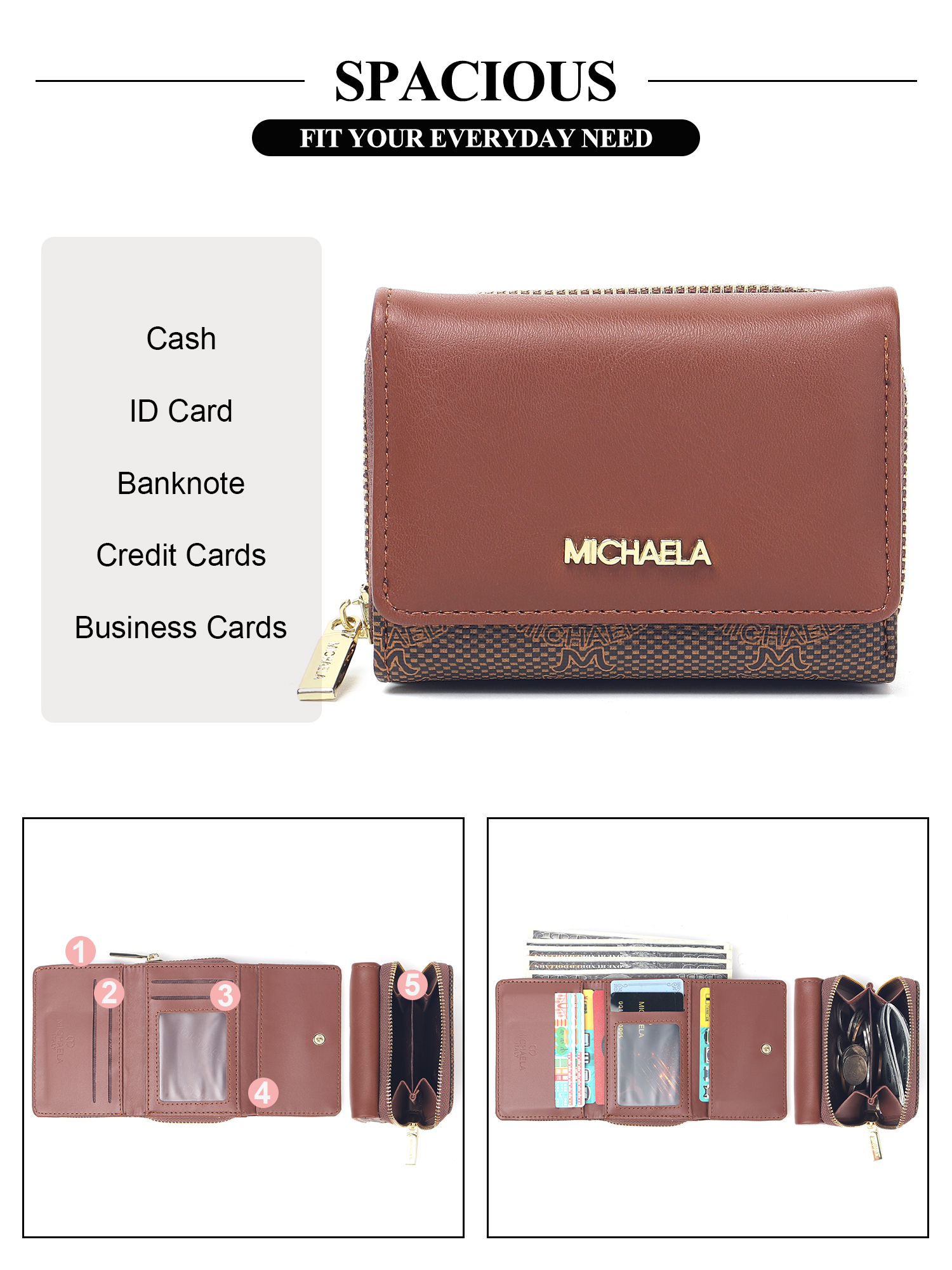 MICHAELA Letter Fan Print Short Wallet 7 Card Slots Zip Coin Pocket ...