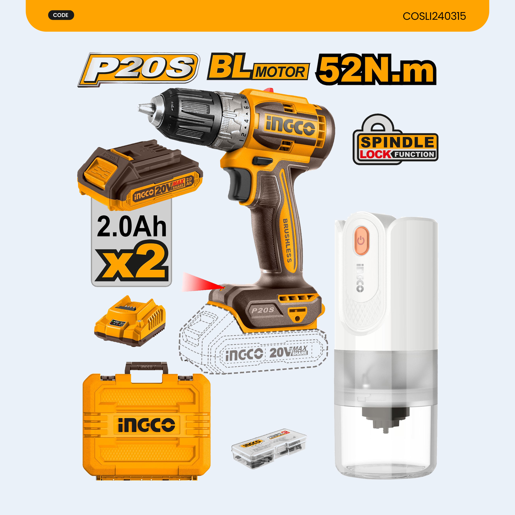 Ingco 2pcs Cordless Combo Kit 20V Li-Ion Brushless Drill & Free 15W ...