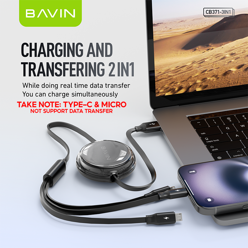 BAVIN CB371 3 in 1 Charging Data Cable w/ 1 Meter Retractable Wire ...