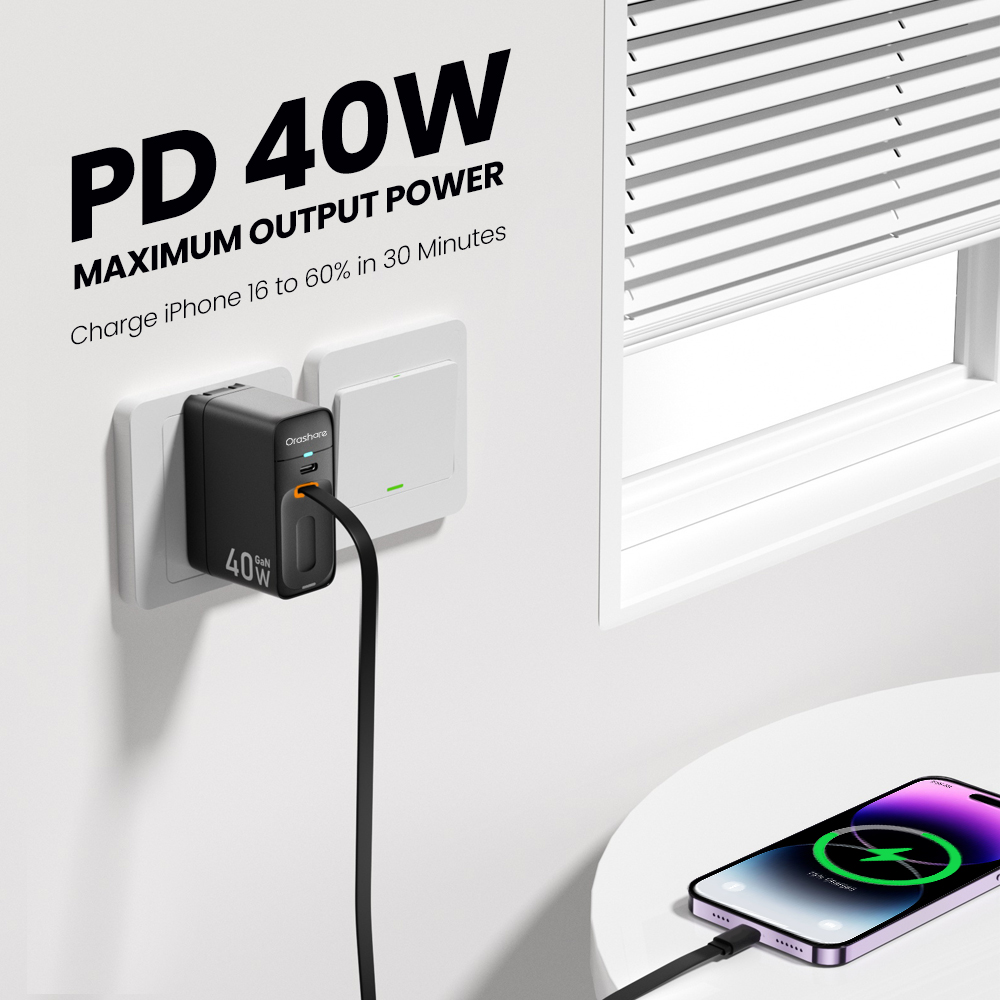 Orashare CR40 40W GaN Fast Wall Charger With Built-in Retractable Cable ...