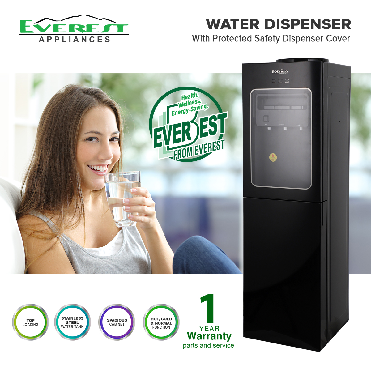 EVEREST Top Load Water Dispenser with Safety Front Cover/Hot, Cold ...