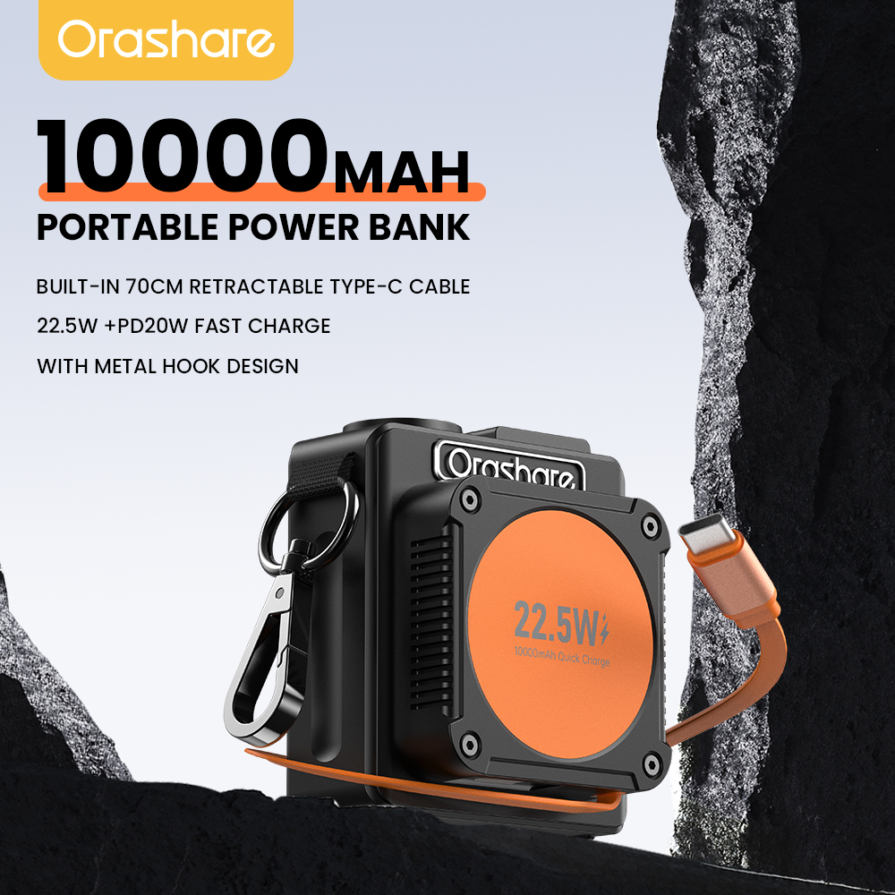 Orashare PR11 10000mAh Mini Powerbank Built-in Retractable Type-C Cable ...