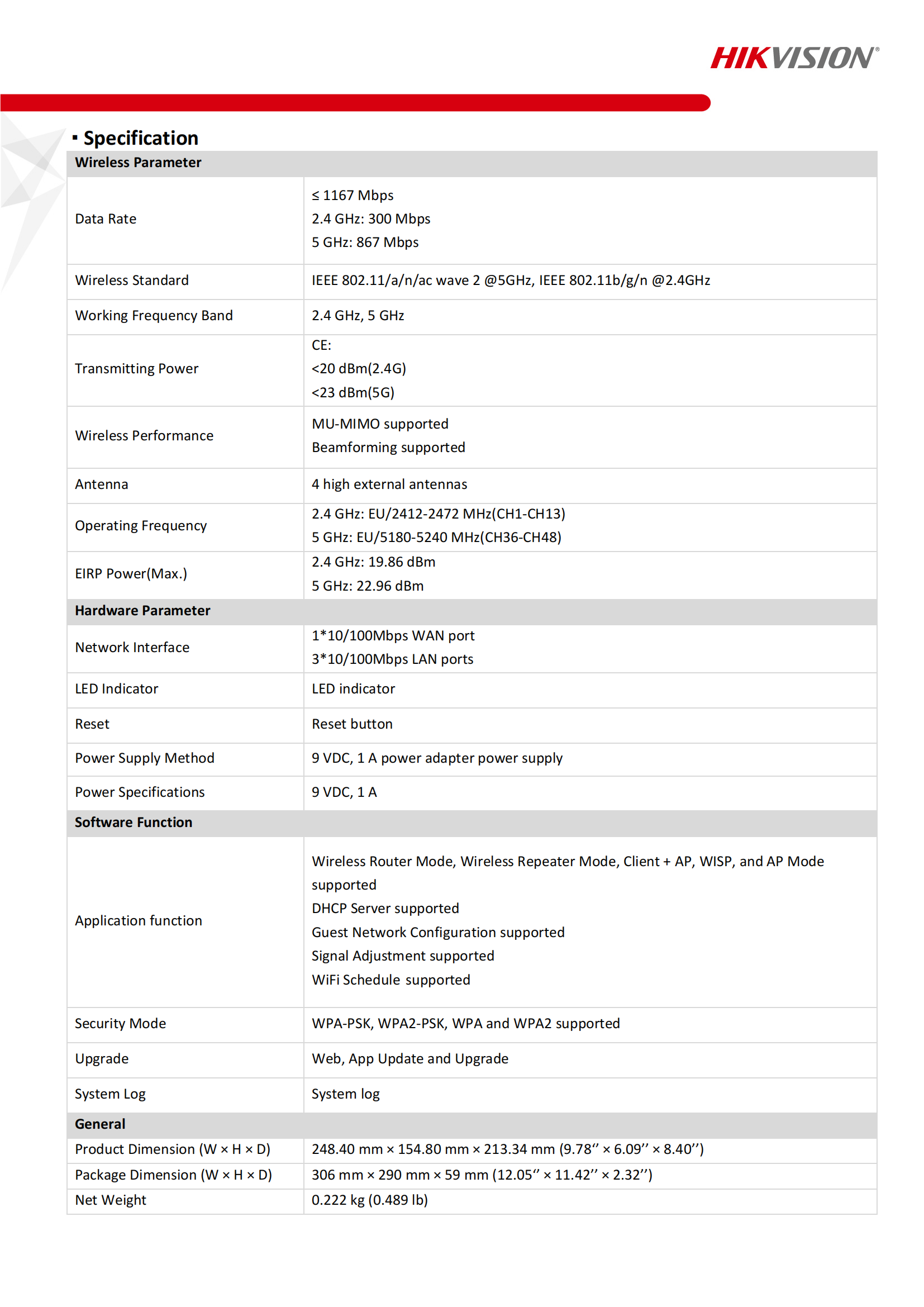 Hikvision DS-3WR12C Wi-Fi Router Wifi 5 1200 Mbps AC1200 Wireless ...