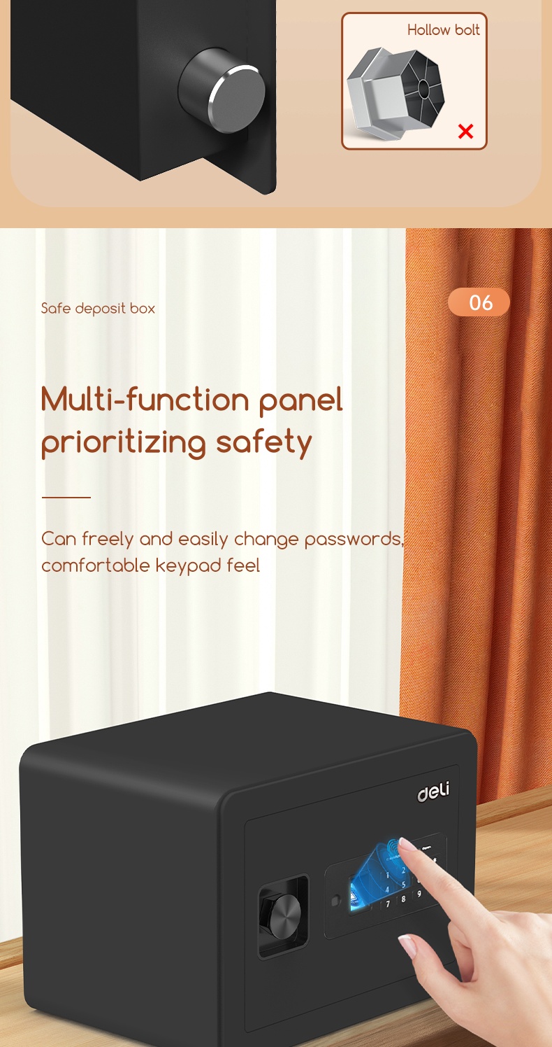 Deli Fingerprint Safe Deposit Box Steel Orange Money Box With Lock And Key Electronic Safety ...