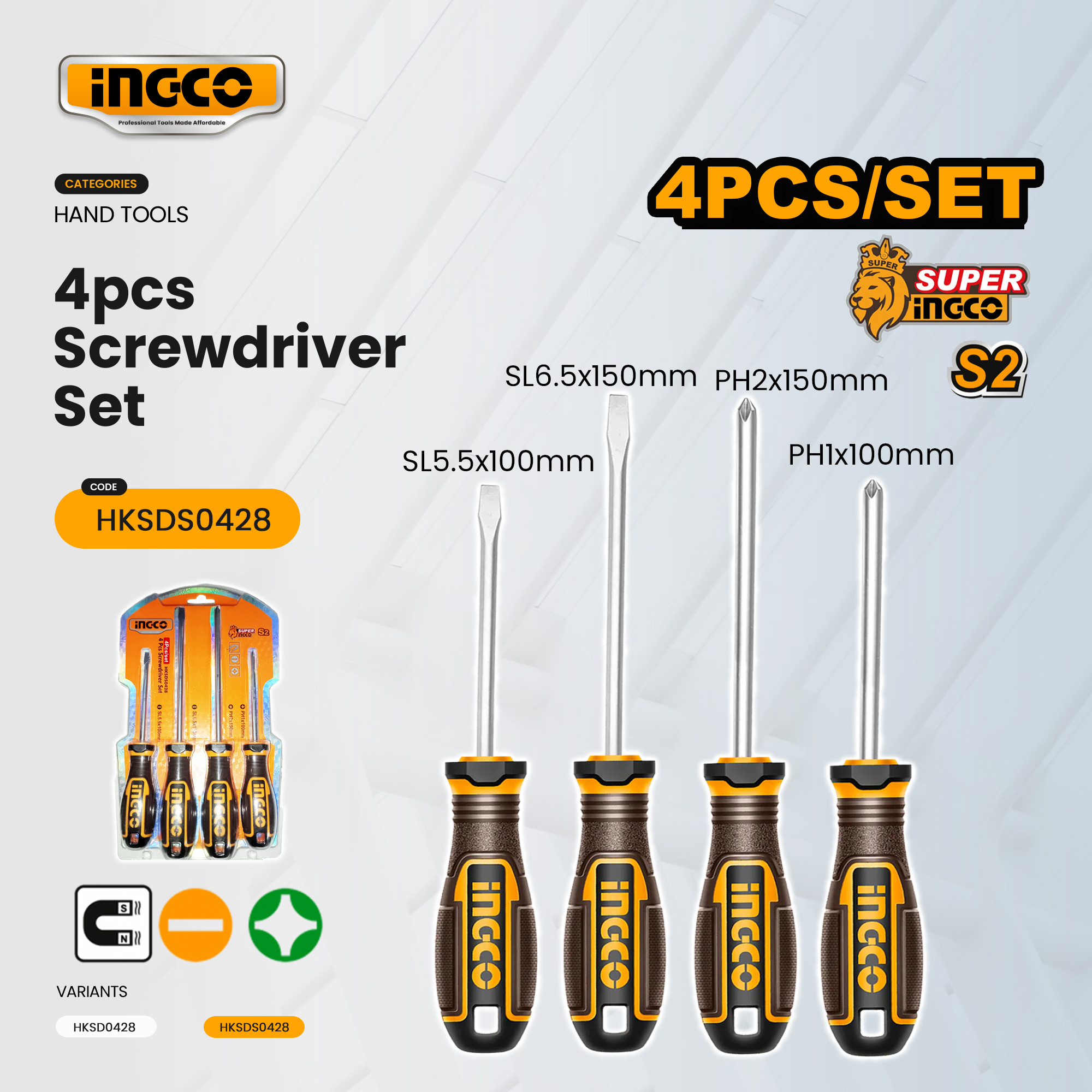 Ingco 4pcs Flat & Phillips Screwdriver Set Cr-V/S2 Steel Magnetic Tip ...