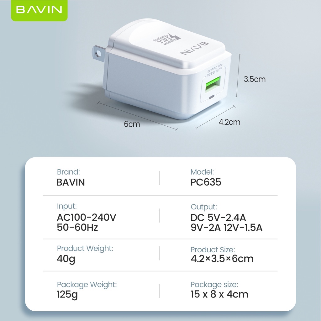 BAVIN PC635 QC3.0 20W Quick Charging Charger w/ 1 Meter Charging Cable ...