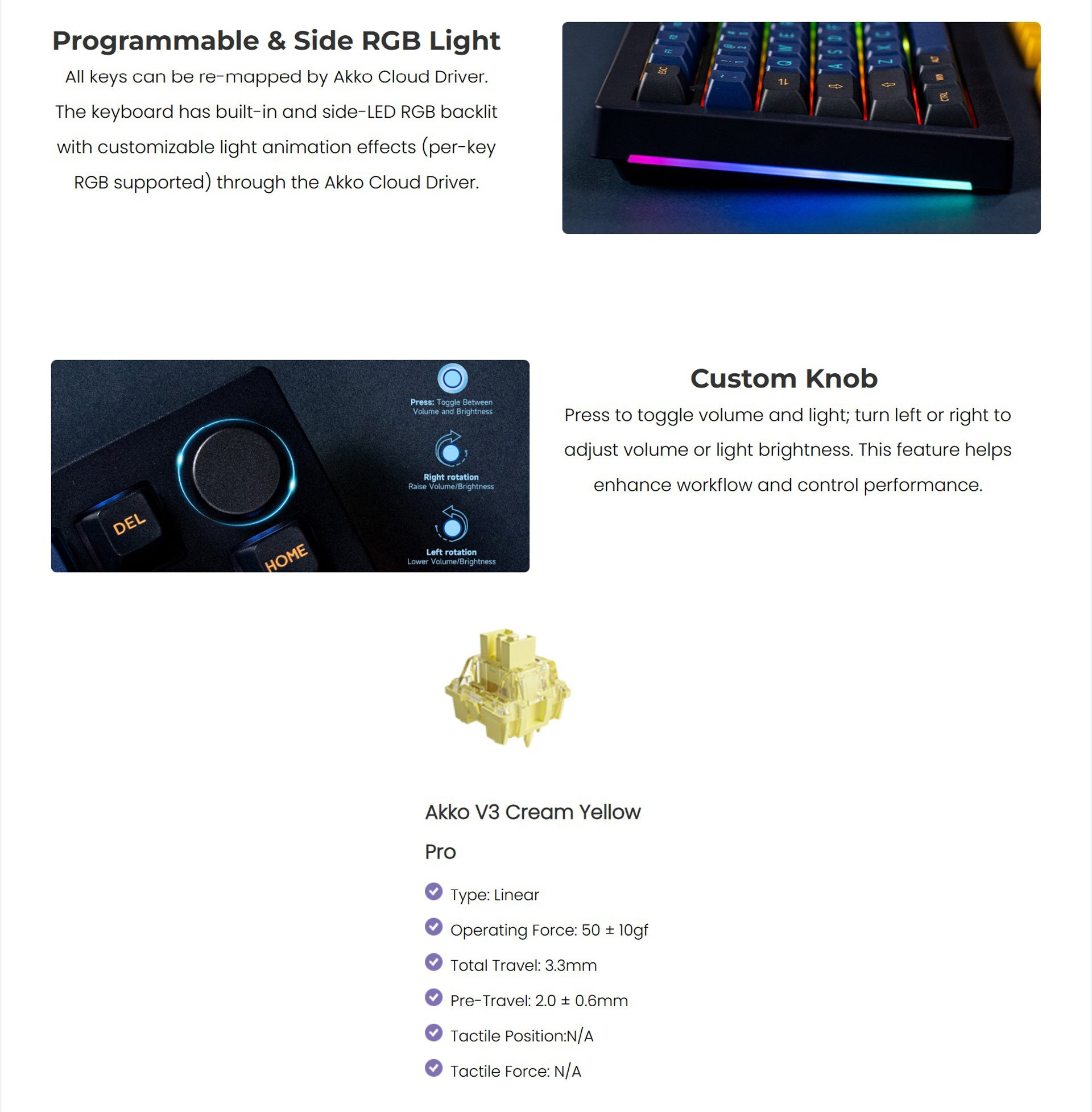 Akko Horizon 5075B Plus Multi-Mode RGB Hot-Swappable Mechanical Keyboard (Akko V3 Cream Yellow ...