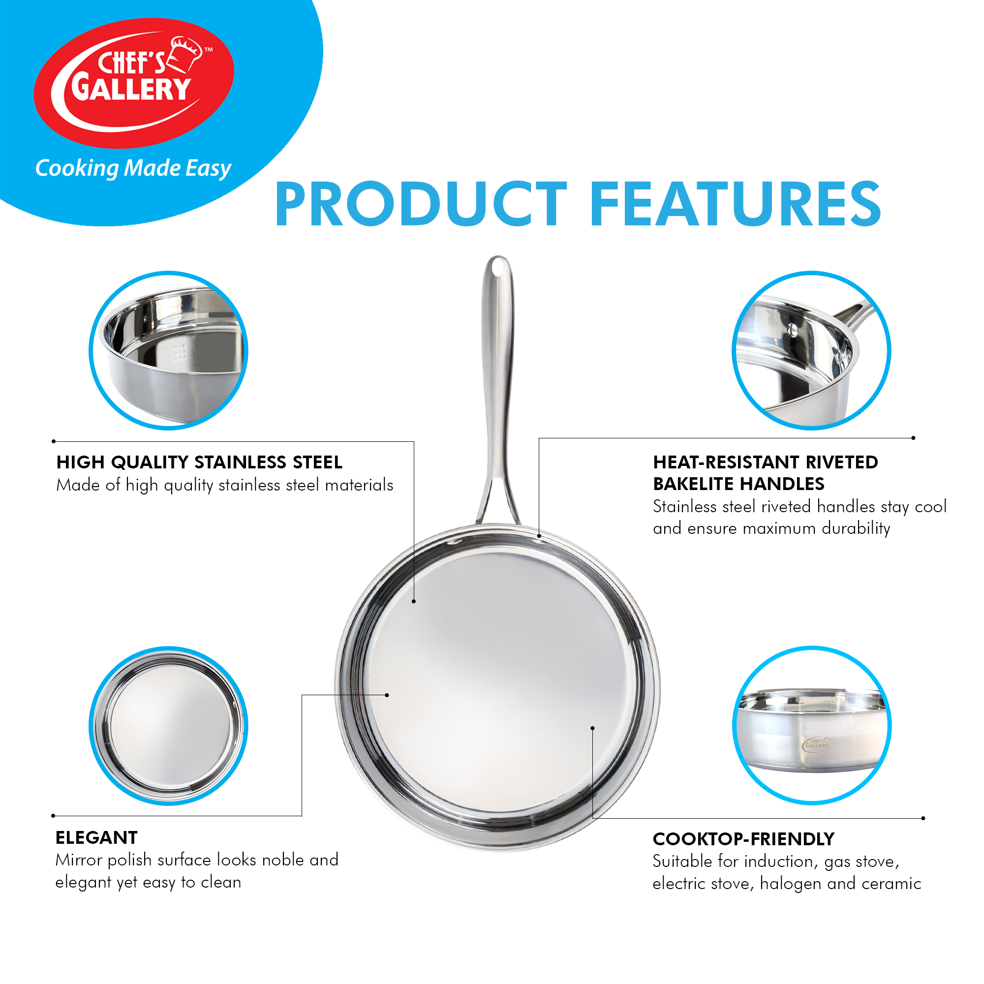Chef's Gallery Stainless Steel Frying Pan 26cm/28cm | Induction Ready ...