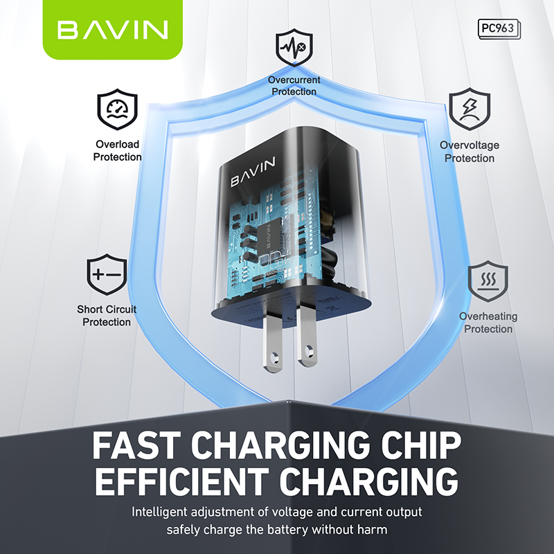 BAVIN PC963 33W PD Fast Charging AC Adapter w/ Dual Port Type-C & USB Port QC3.0 w/ 30W PD Cable ...