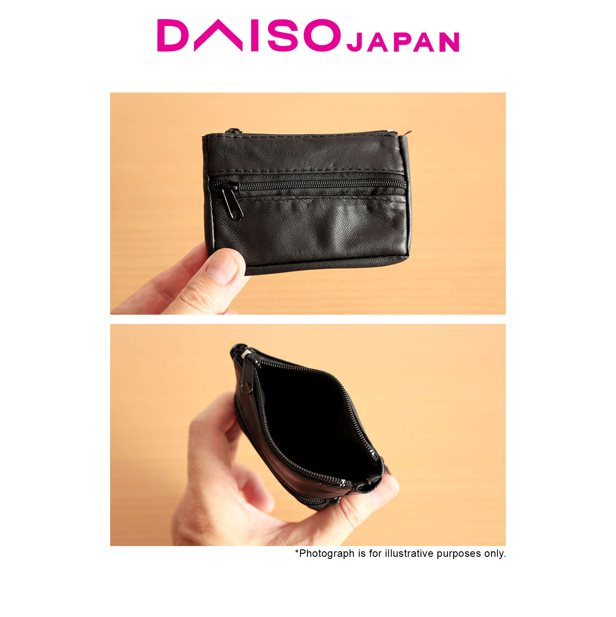 Daiso Black Genuine Leather Coin Case with Double-Sided Zipper | Shopee ...