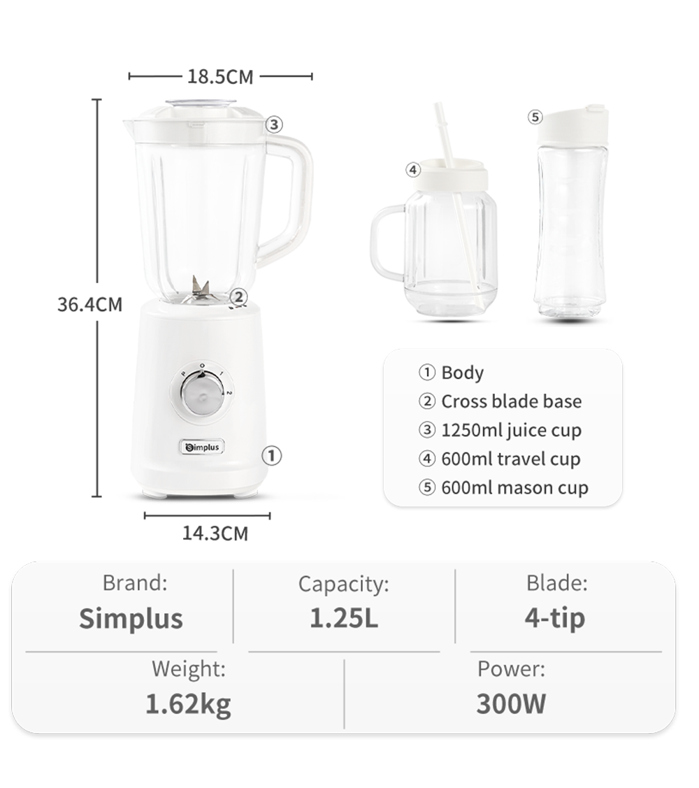 Simplus 3 in 1 Blender 1.25L+600ml Travel Cup+ 600ml Mason Cup Multi ...