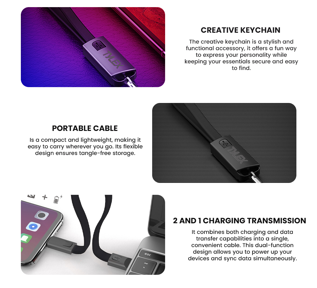 Tylex XC31 Hang Rope Key Chain Micro USB and 8-Pin Charging & Data ...