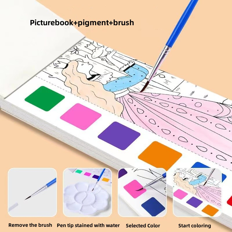 12 Sheets Painting Coloring Book Set with Paintbrush WaterColor for ...