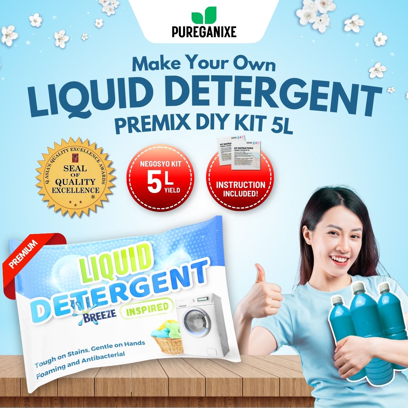 Pureganixe Premium Mini Liquid Detergent DIY Kit 5 Liters Yield Premix Laundry Soap Complete ...