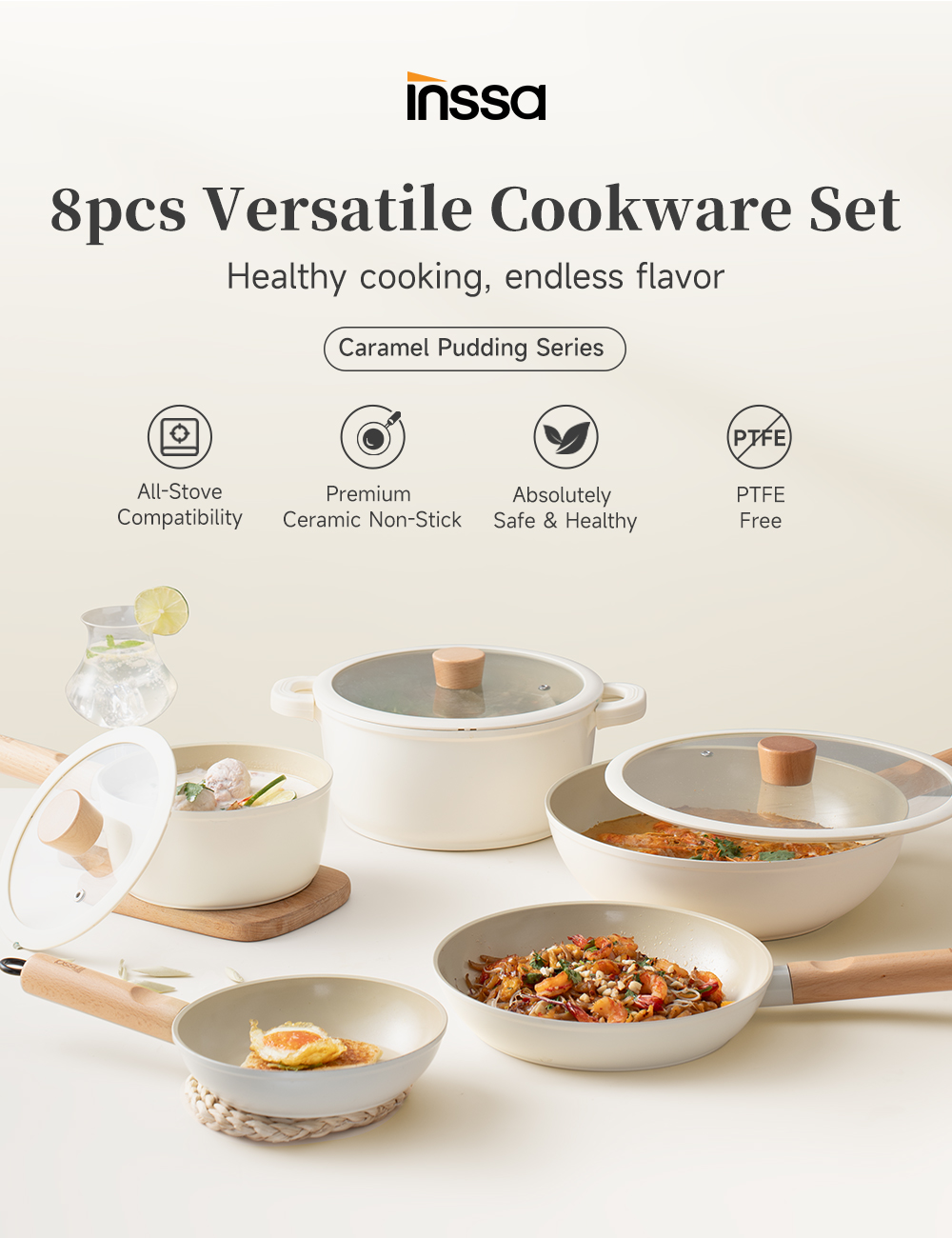 INSSA Non-Stick Pan Set 4/5Pcs Upgrade Ceramic Coated Cookware Suitable ...