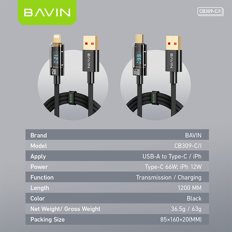 BAVIN CB309 12W Fast Charging Data Transfer Cable w/ Power Display for ...