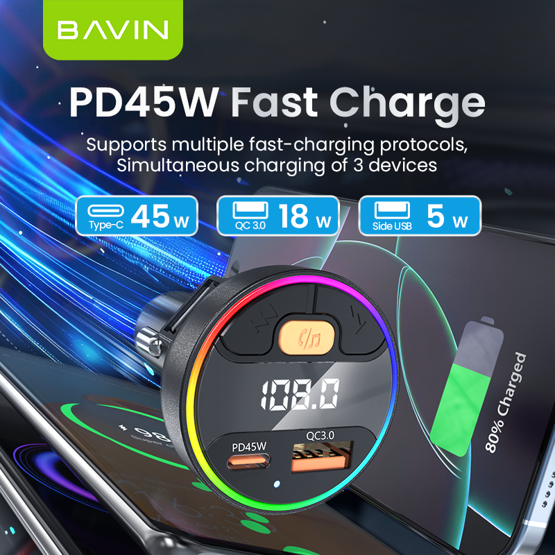 BAVIN PC2079 45W PD + QC 3.0 Ultra-Fast MP3 Car Charger w/ 7-Color RGB ...