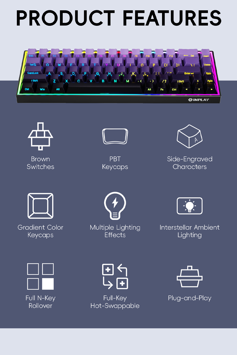 Inplay AK680 Gradient Mechanical Keyboard Side-Printed Keycaps Brown ...