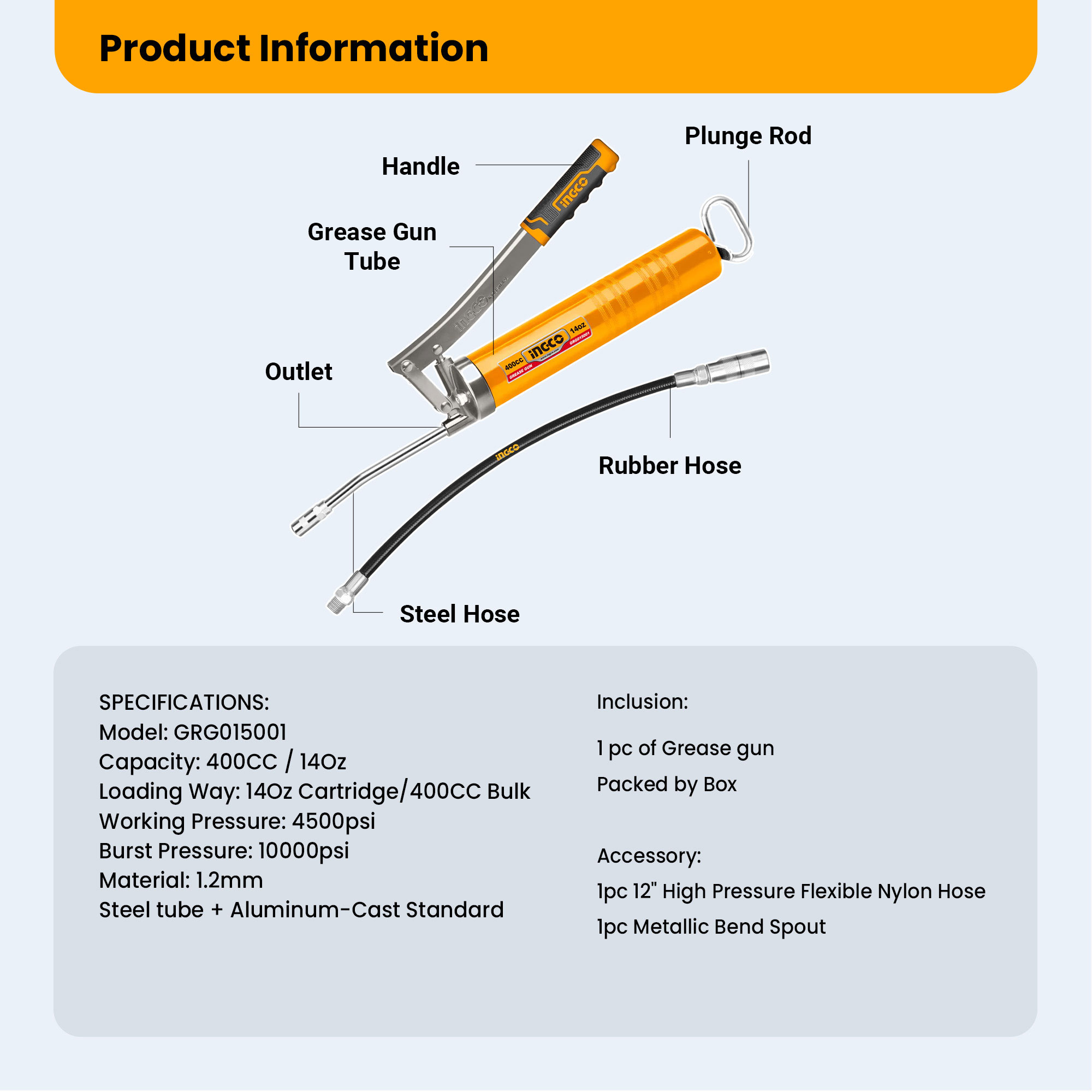 Ingco 400cc Heavy Duty Grease Gun Manual Lubricant Injector Applicator ...