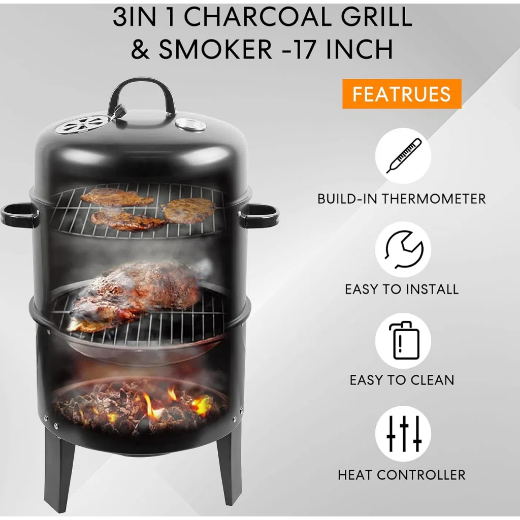 3-in-1 Charcoal BBQ Smoker, Outdoor Grill Cooker with Built-in ...