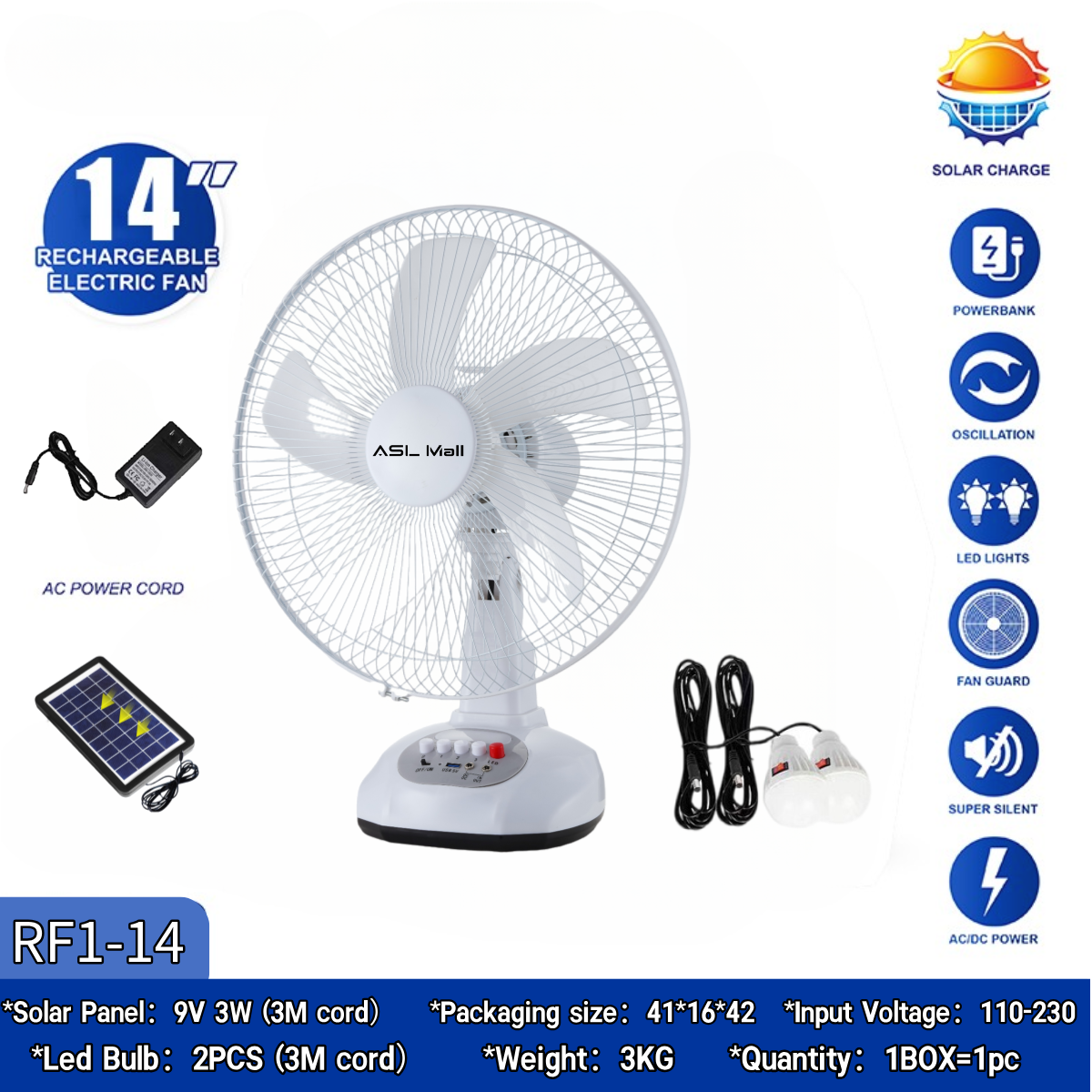 ASL Solar electric fan Rechargeable solar fan with panel solar ...