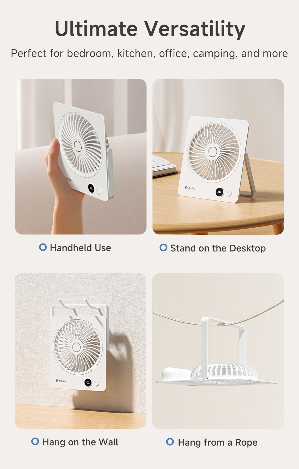 Simplus Desktop Portable Fan 180° Swivel Stand Type-C Rechargeable With ...