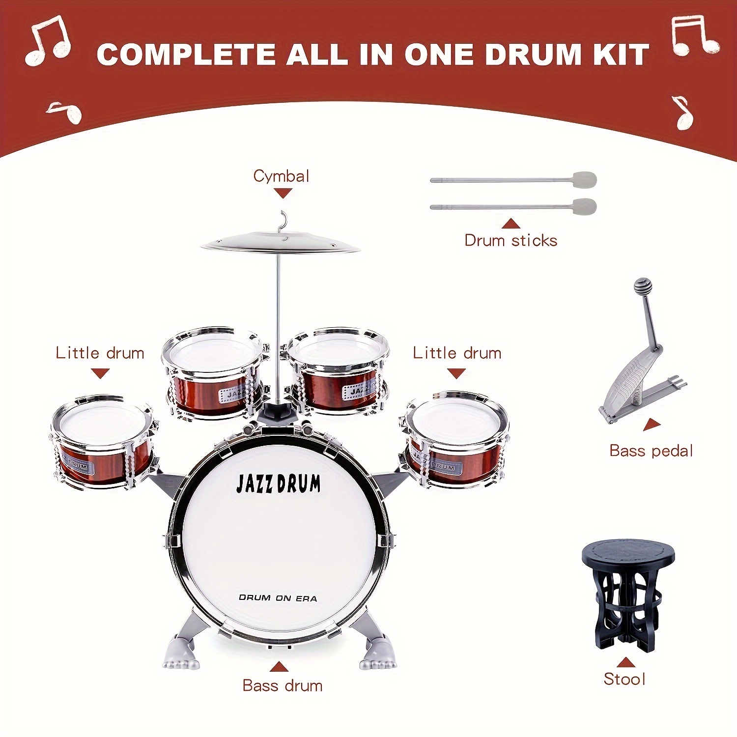 Toddler Drum Kit Kids Toy Jazz Drum Set 5 Drums with Stool Birthday ...