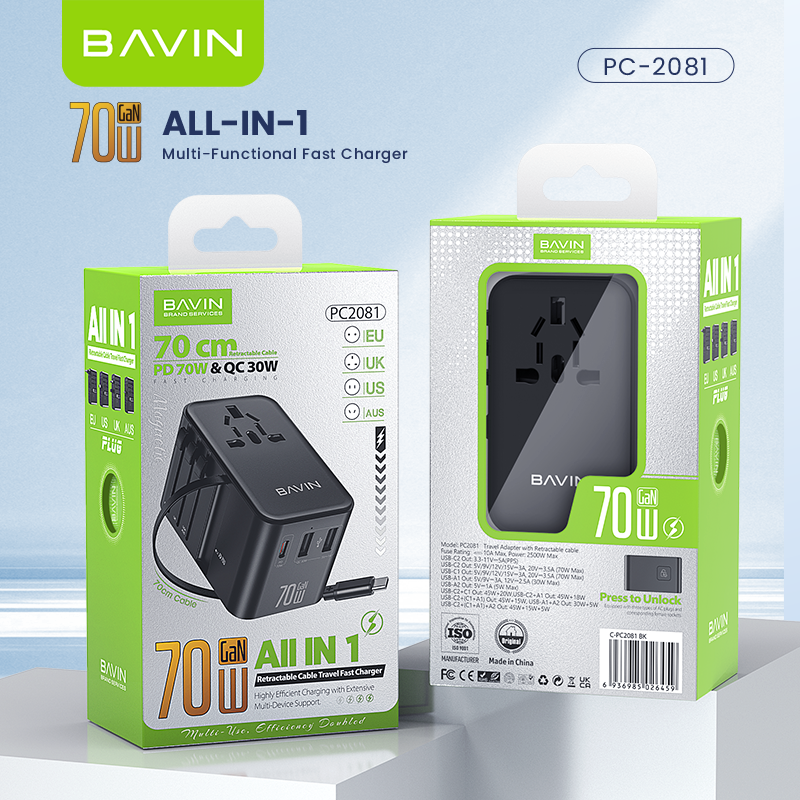BAVIN PC2081 70W GaN Charging Adapter for Universal Plug & Multi-Port Charger w/ Retractable ...