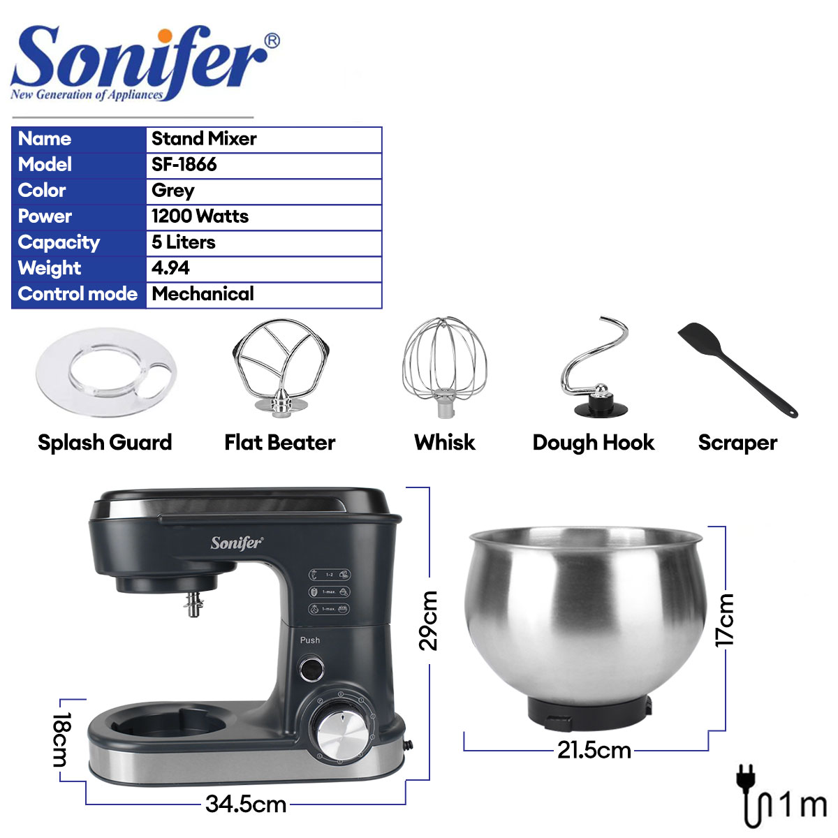 Sonifer Stand Mixer Multi-function Mixer 1200W 5L Food Mixer 304 ...