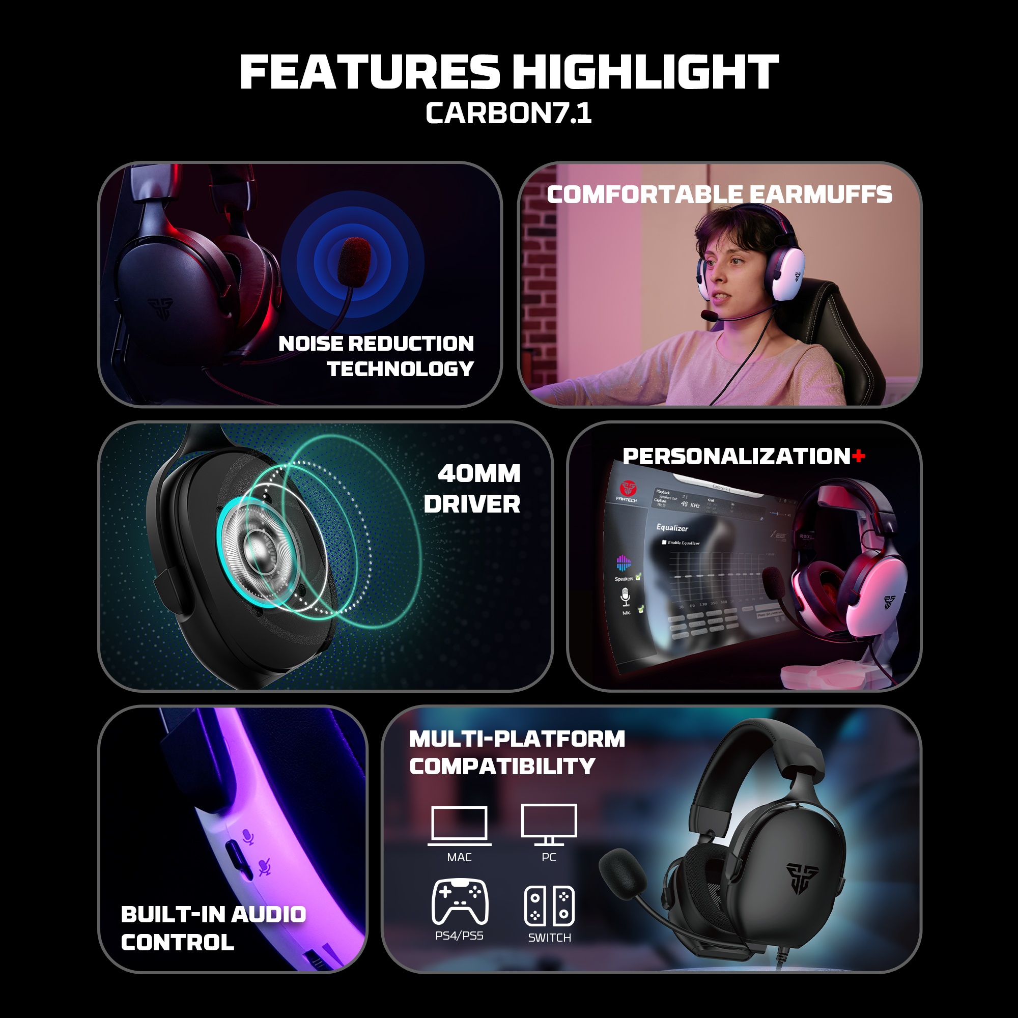 Fantech Carbon 7.1 HG30 Wired USB Gaming Headset Virtual Surround Sound ...