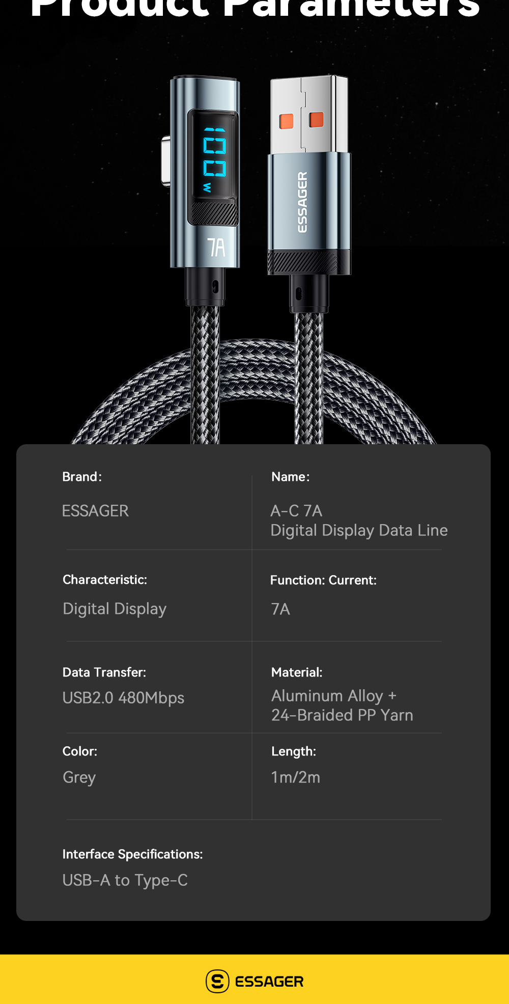 Essager 100W 7A Elbow A/C To Type C Fast Charging Cable Digital Display ...