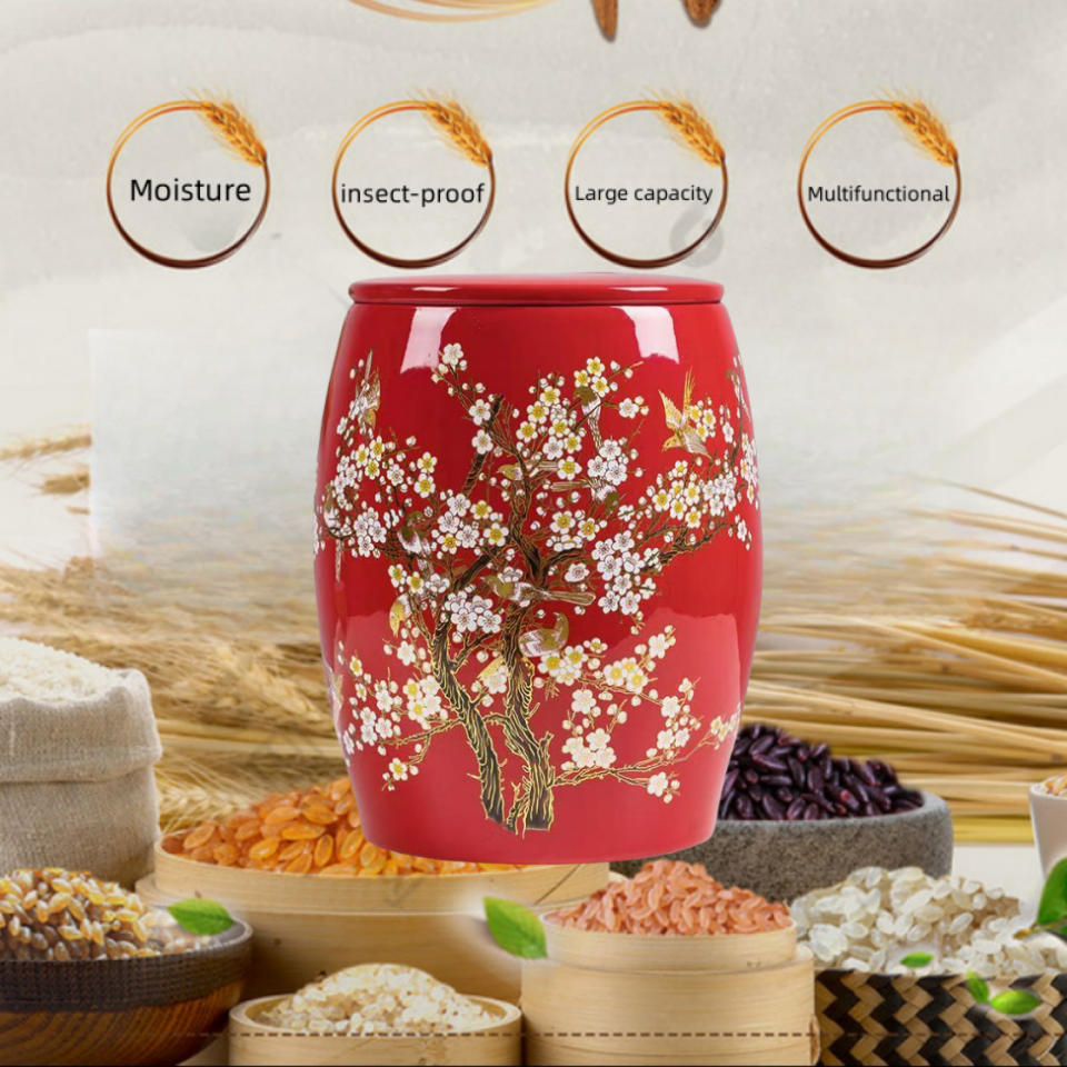 Ceramic rice storage container porcelain jar with lid rice dispenser ...