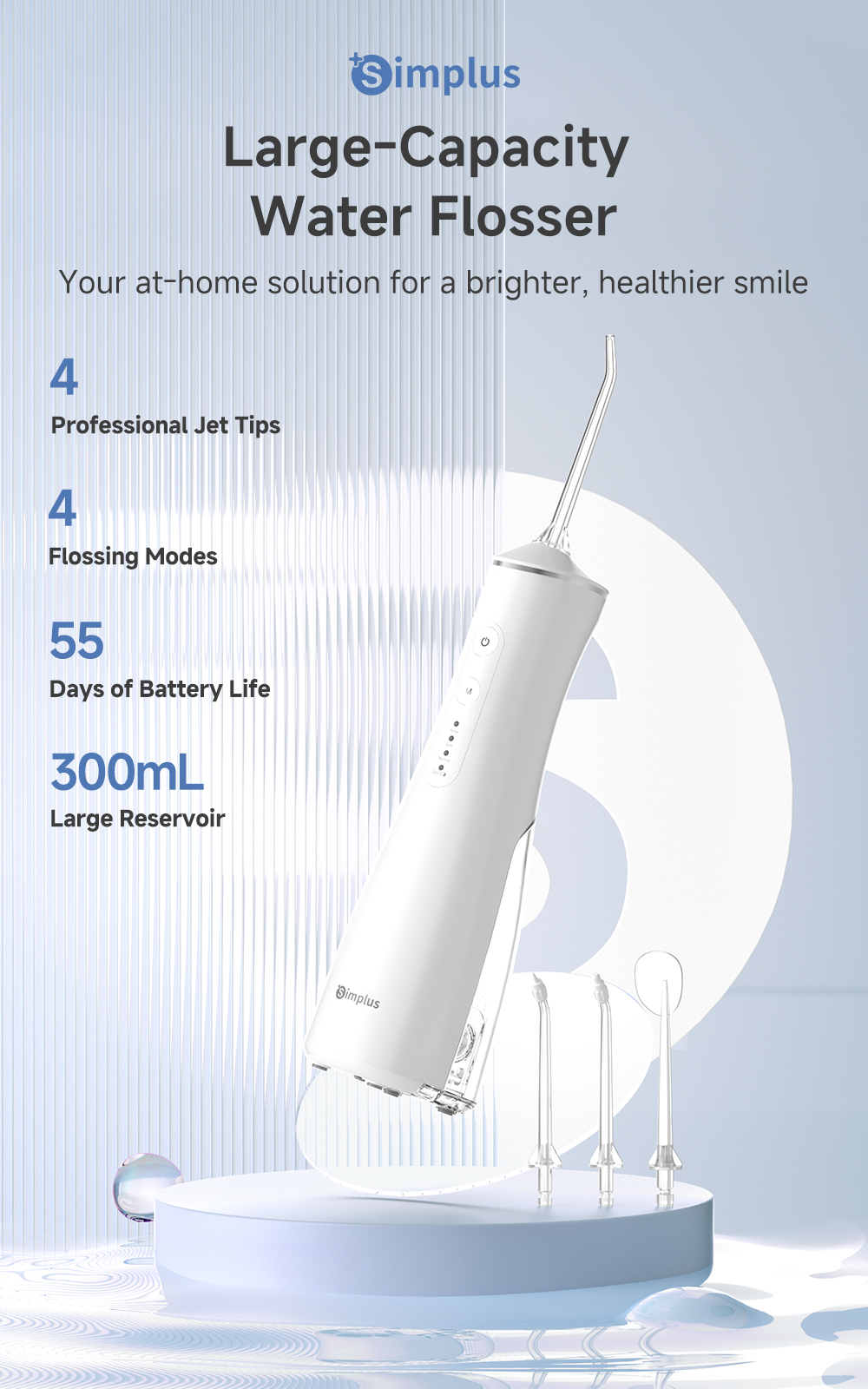 Simplus Water Flosser 4 Modes 55 Days of Battery Life 300mL ...