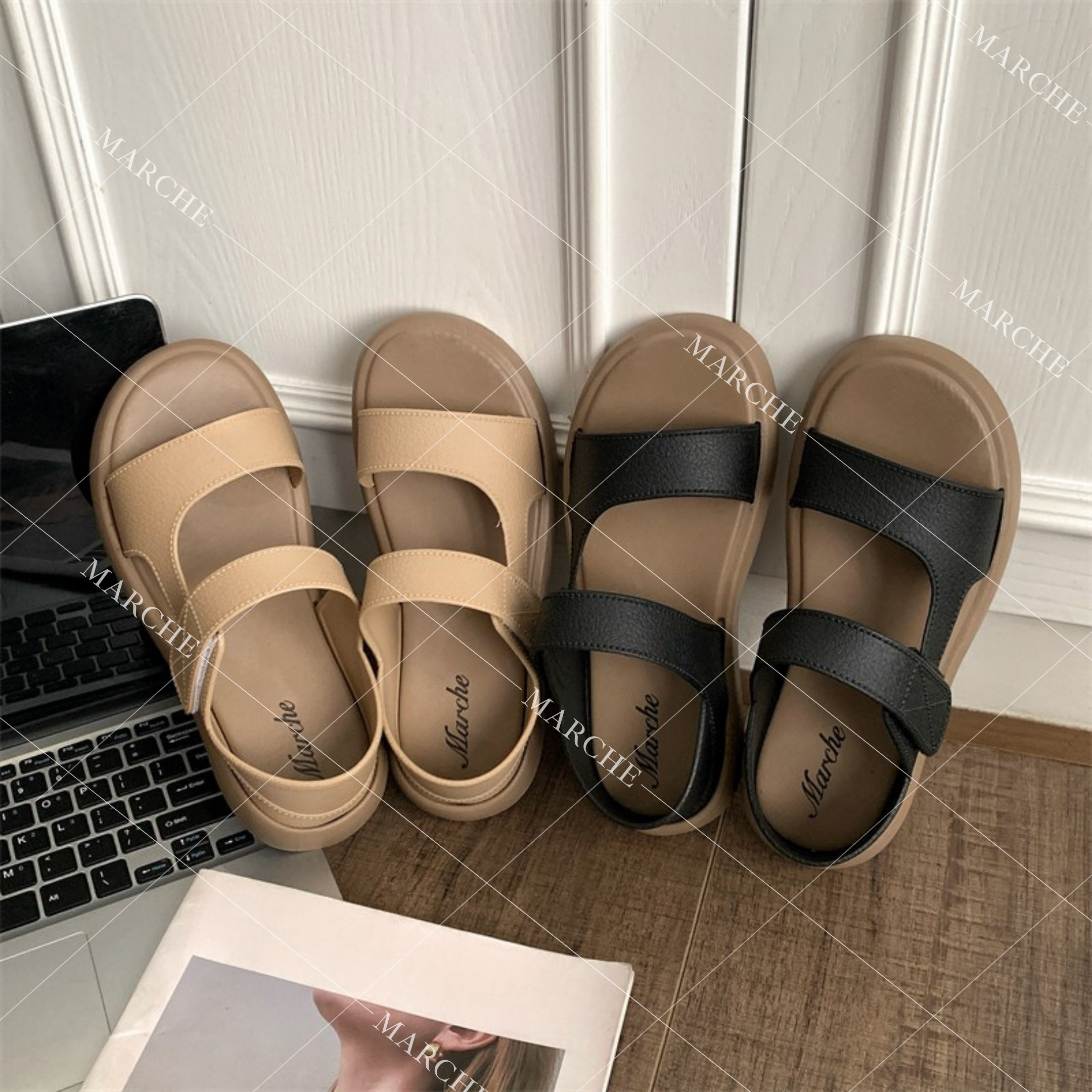 Marche Velcro Strap Open Toe Flat Sandals Rubber Material Walking Girl ...