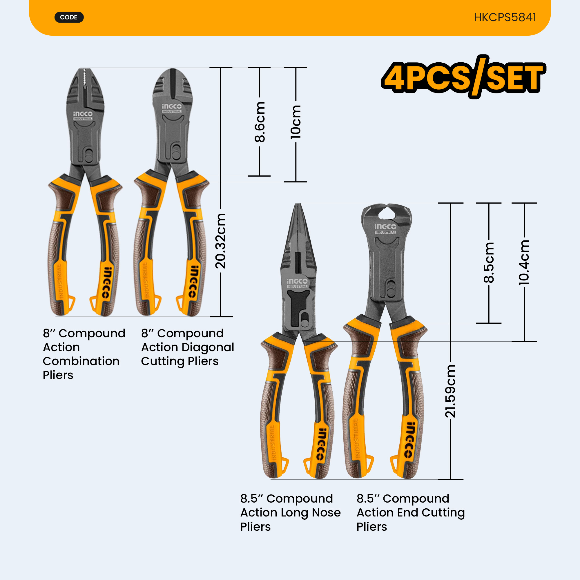 Ingco 4pcs Heavy Duty Compound Action Pliers Set Teflon Coated Grip ...