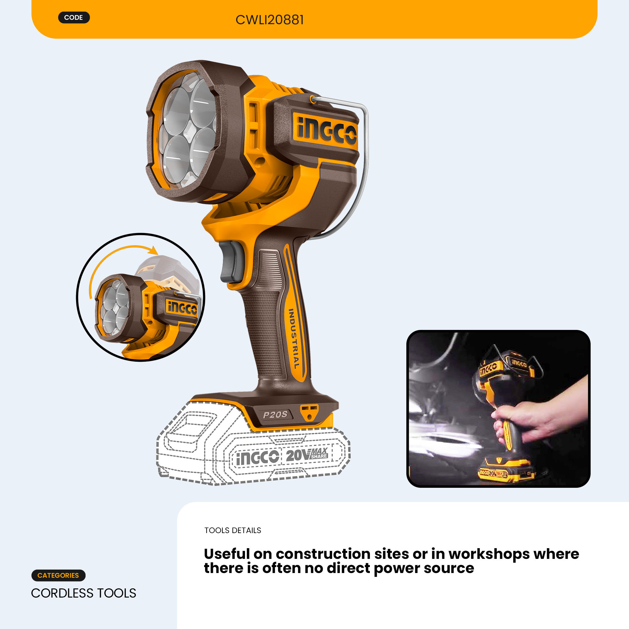 Ingco 20V Cordless LED Work Light Portable Work Lamp Bright Flashlight ...