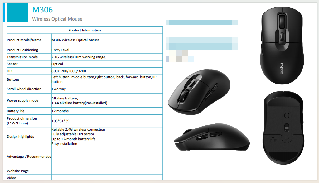 Rapoo M306 2.4 Wireless Optical Mice With Side FWD And Back Buttons ...