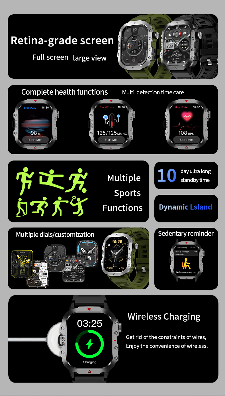 H11 Rugged Smart Watch for Men with Flashlight 2.01” HD Touch Bluetooth ...
