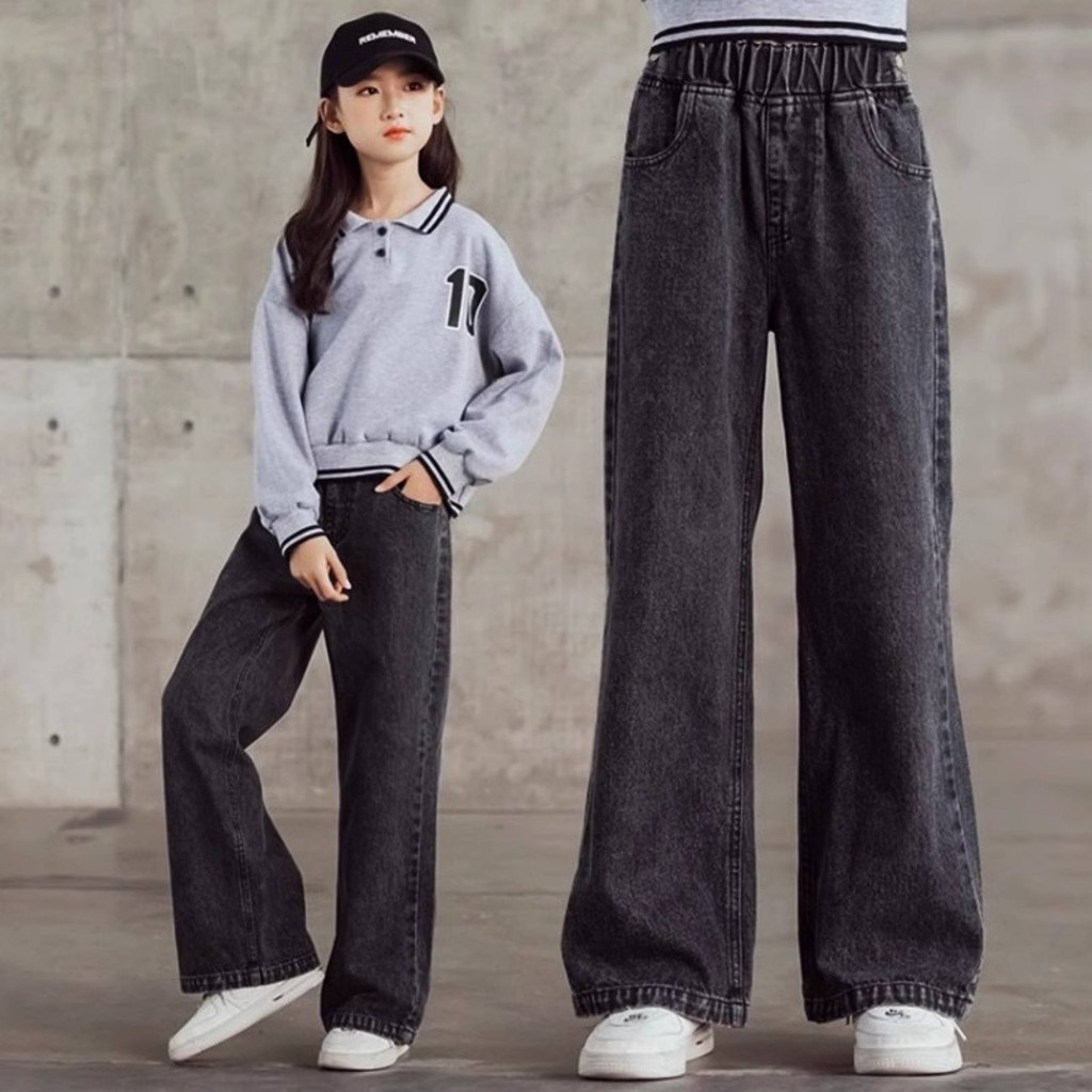 Cargo Maong Pants for Kids Girls with 6 Pockets Baggy Wide Leg Jeans ...