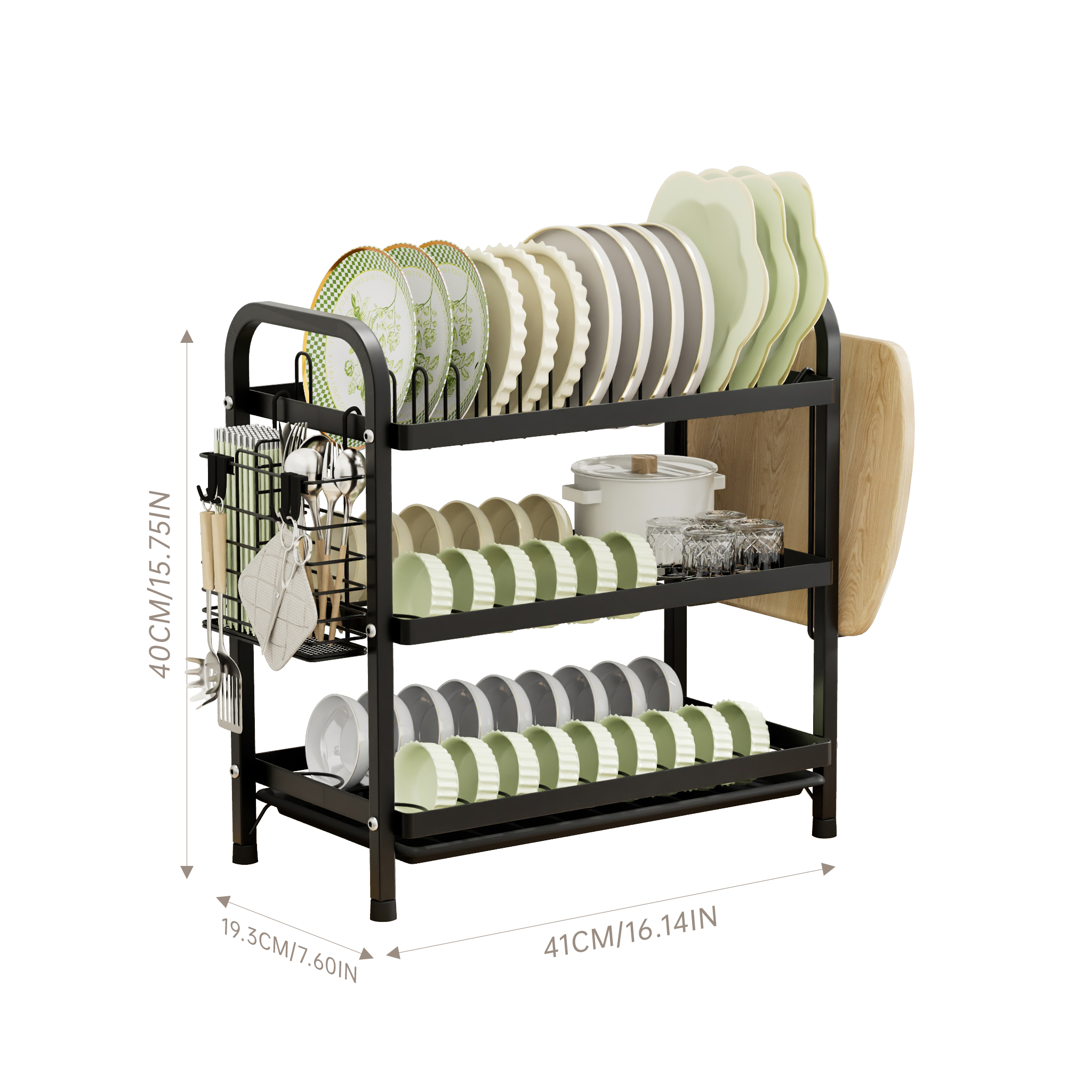 Stainless steel 2-layer dish rack with pull drain tray black tableware rack kitchen organizer ...