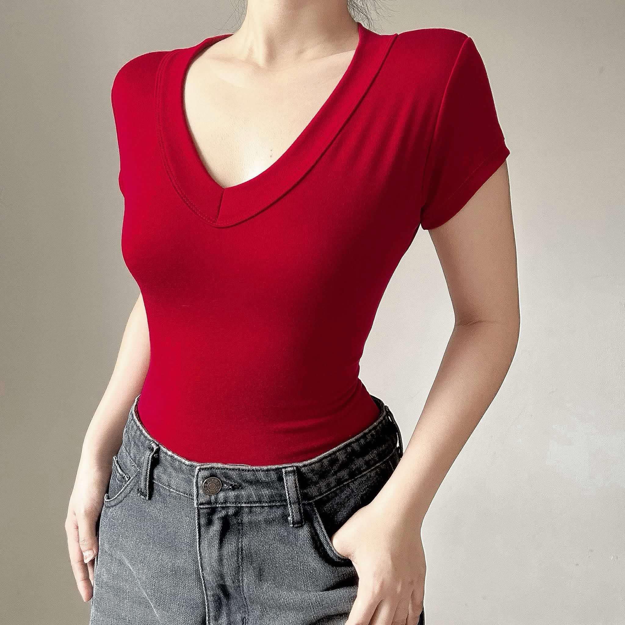 V-Neck Top for Woman Double Lining Front T-Shirts Blouses Body Hugging ...