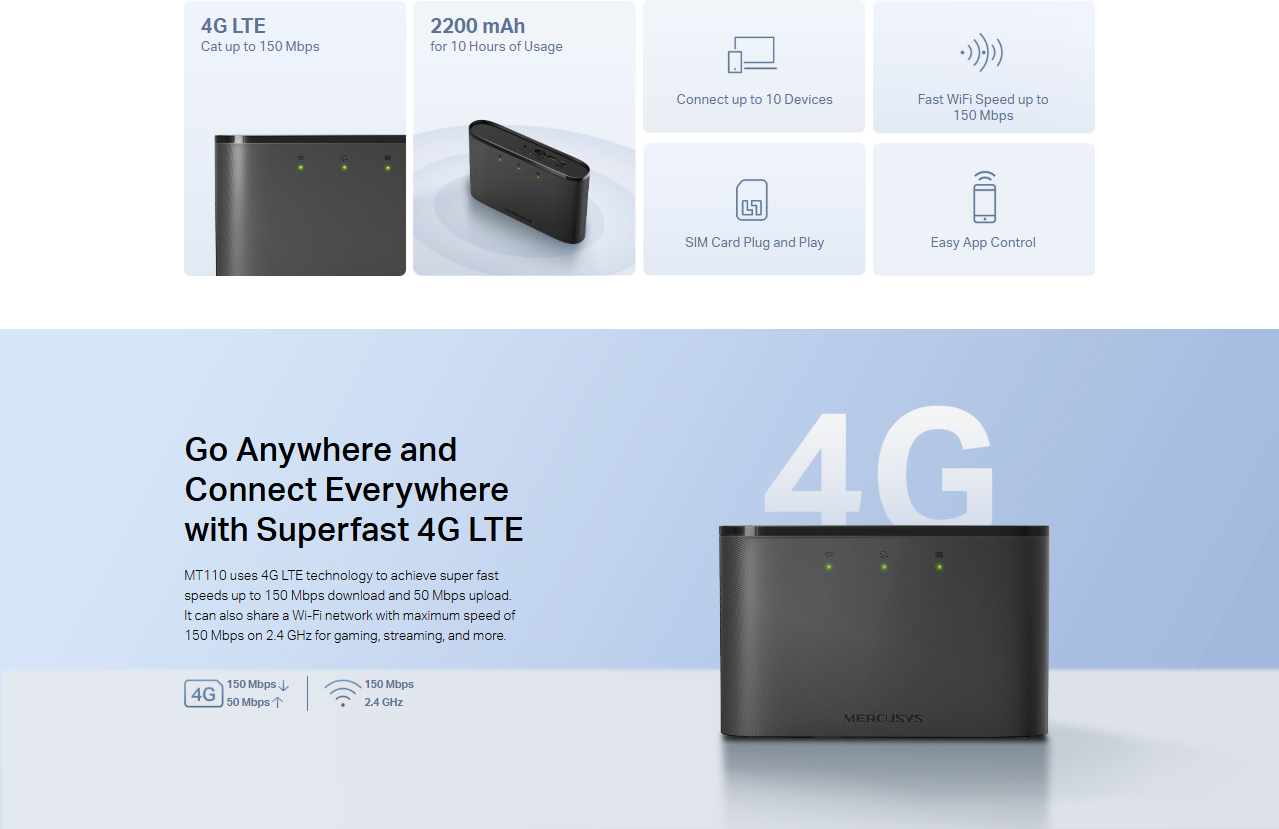 MERCUSYS | MT110 | Openline 4G LTE Up to 150 Mbps 2200 mAh 10 Hours ...