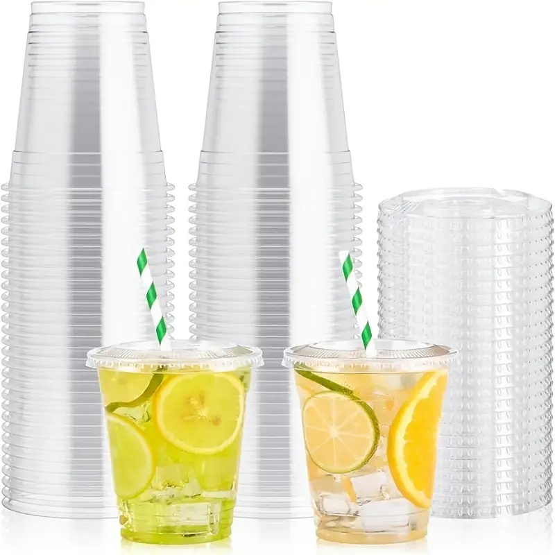 100pcs丨Plastic Cups With Lid Disposable Cup 22/16/12/10 Oz Plastic Cup ...