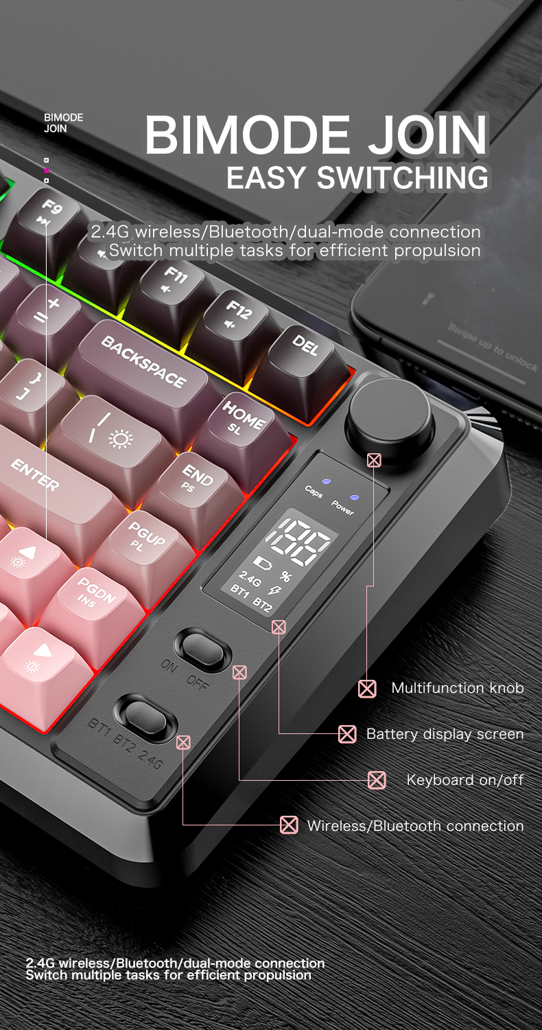 FREEWOLF M75 Gasket Structure RGB Backlit With Knob Led Screen Tri-Mode ...
