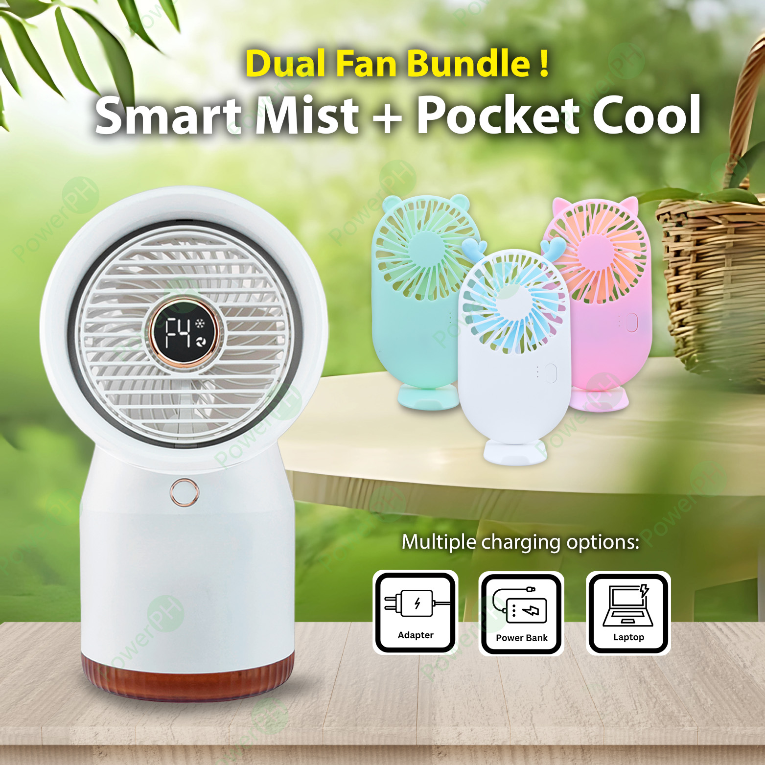 POWERPH Misting Fan Air Cooler Rechargeable Plus Mini Fan Silent ...