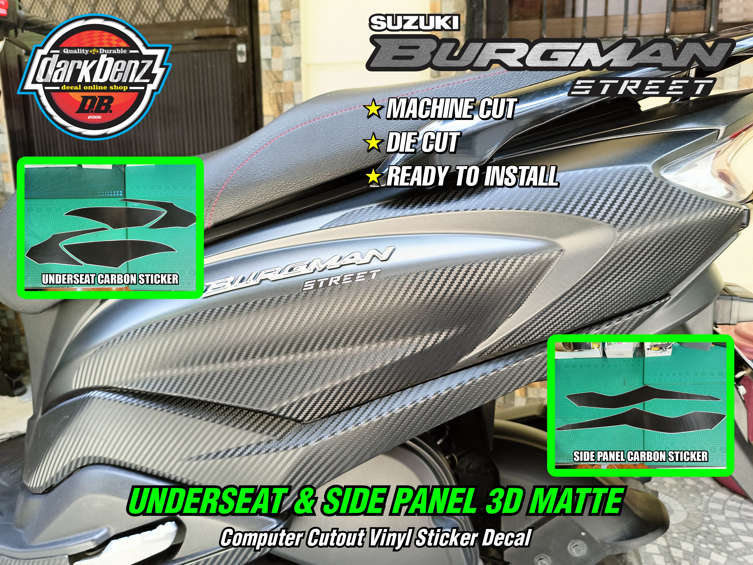 Suzuki Burgman 125 New Black 3D Matte Carbon Fiber Sticker Decals ...