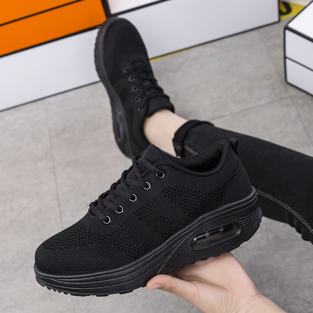 Sneakers For Women Fly Woven Black Rubber Shoes Thick Bottom Slip On ...
