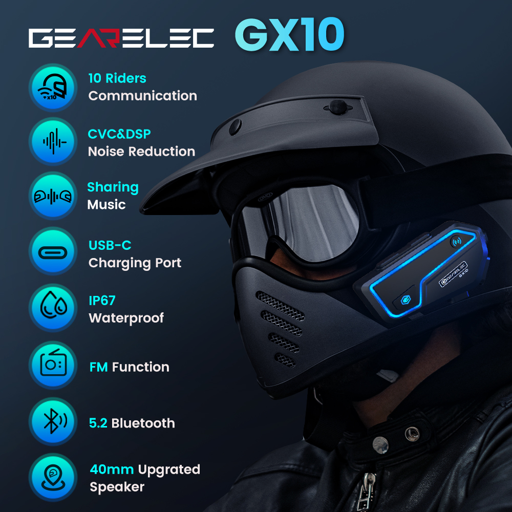 GEARELEC GX10 Motorcycle Helmet Intercom Headset For 10-Riders 2000M ...