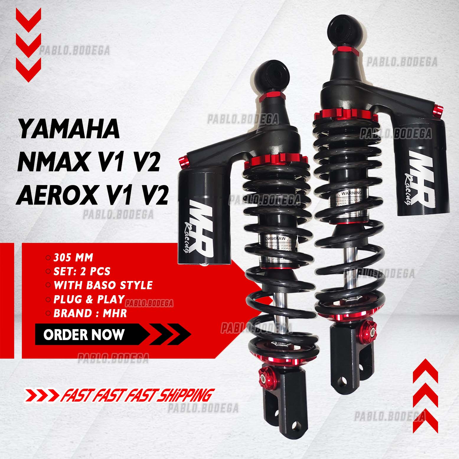 Yamaha Aerox 155 NMAX V1 V2 Rear shock absorber 2pcs with Baso style 305mm MHR brand Black Red ...