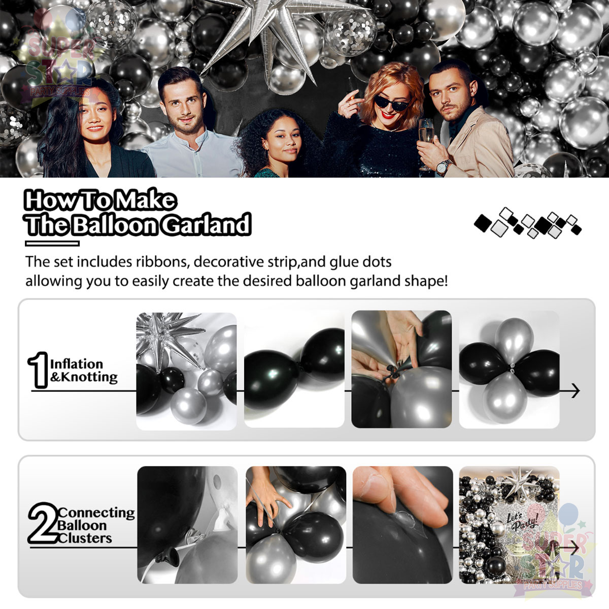 Black And Silver Balloon Arch Set 12" Metallic Silver Confetti Balloons ...